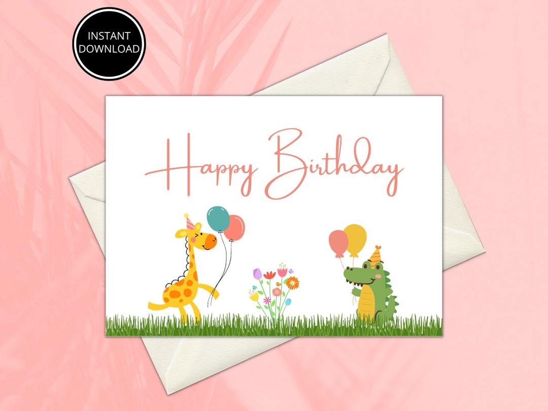 Printable Animal Birthday Card With Balloons, Printable Greeting Card ...