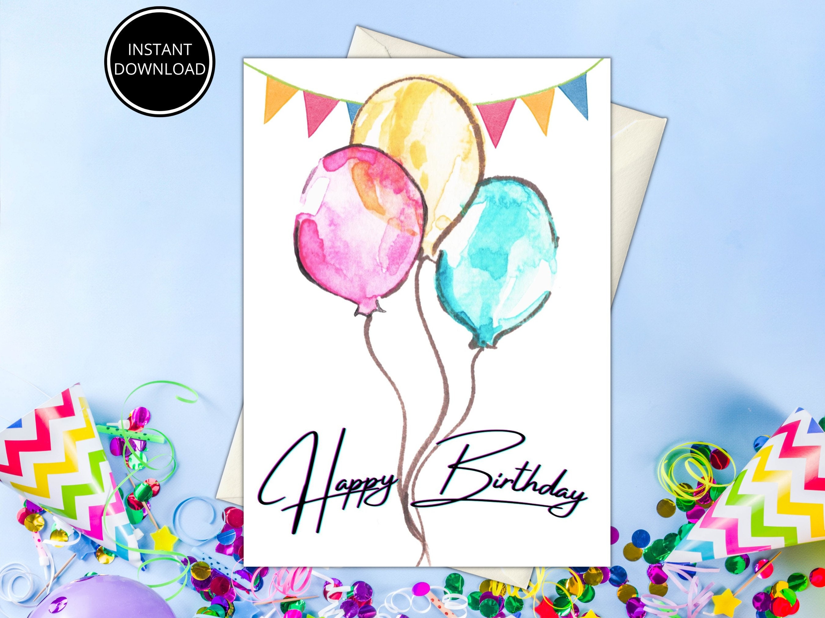 Printable Birthday Card With Balloons, Instant Download Birthday Card ...