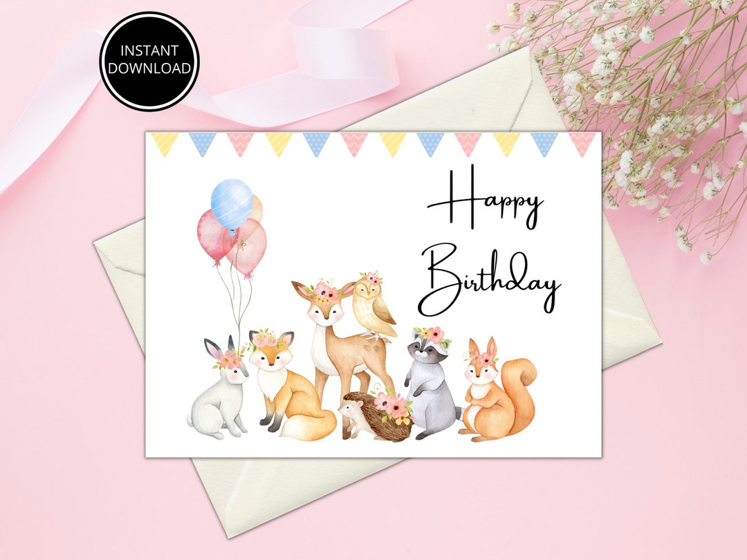 Printable Birthday Card With Cute Animals and Balloons, Instant ...