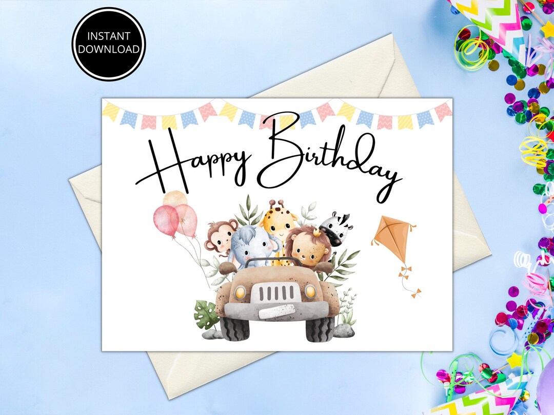 Printable Birthday Card With Animals, Cute Animals Card, Digital ...