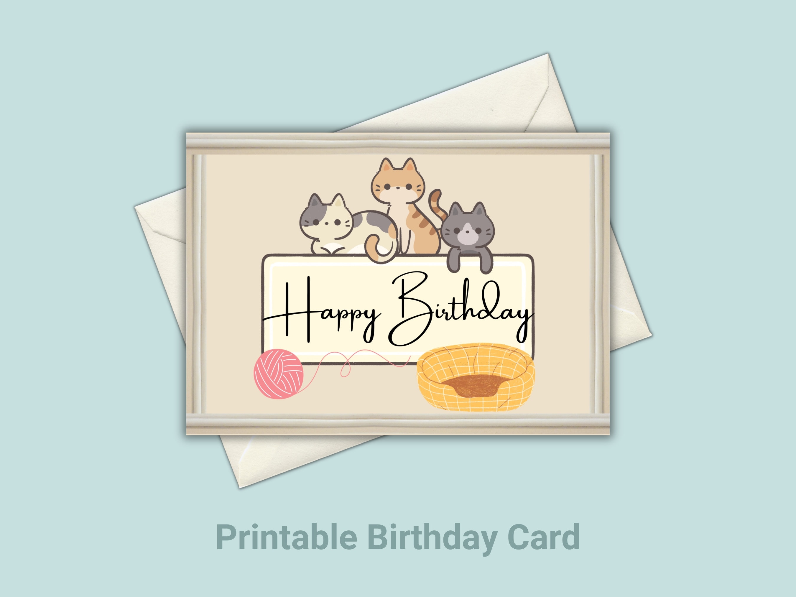 Cat Printable Birthday Card Cute Kitty Greeting Card Instant - Etsy