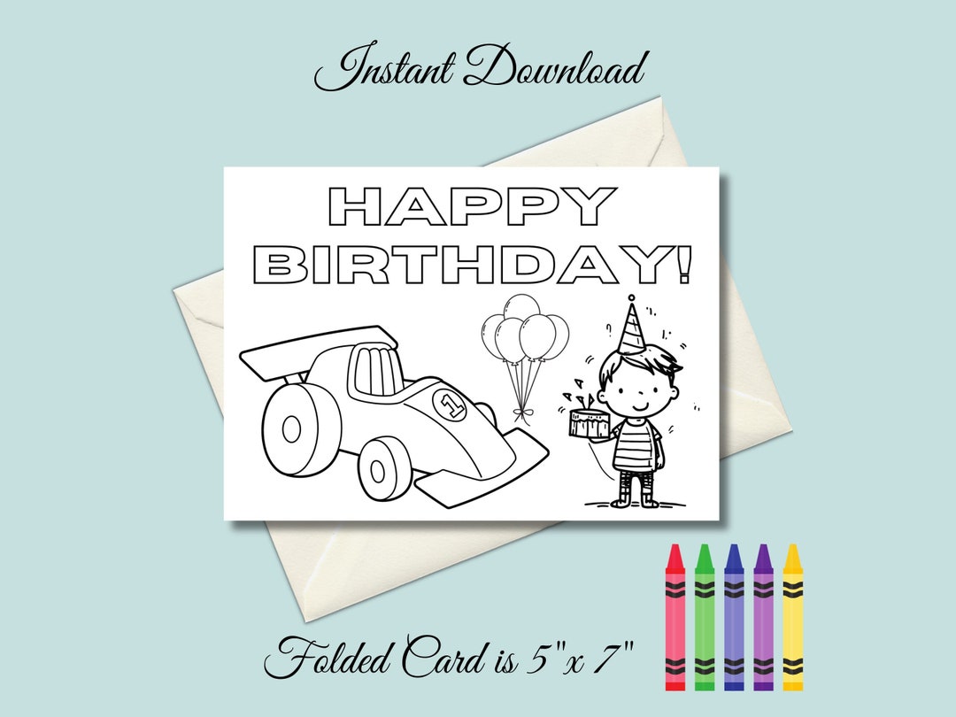 PRINTABLE Happy Birthday Coloring Card, Racecar Birthday Card, Birthday ...