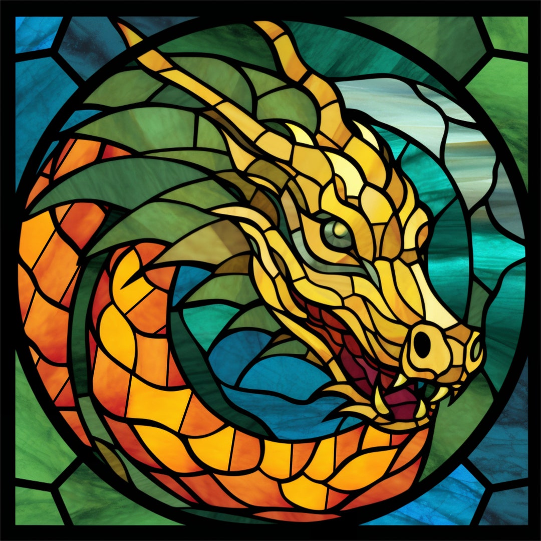 Plantilla PDF y PNG de vitrales de dragón, proyecto de vitrales ...