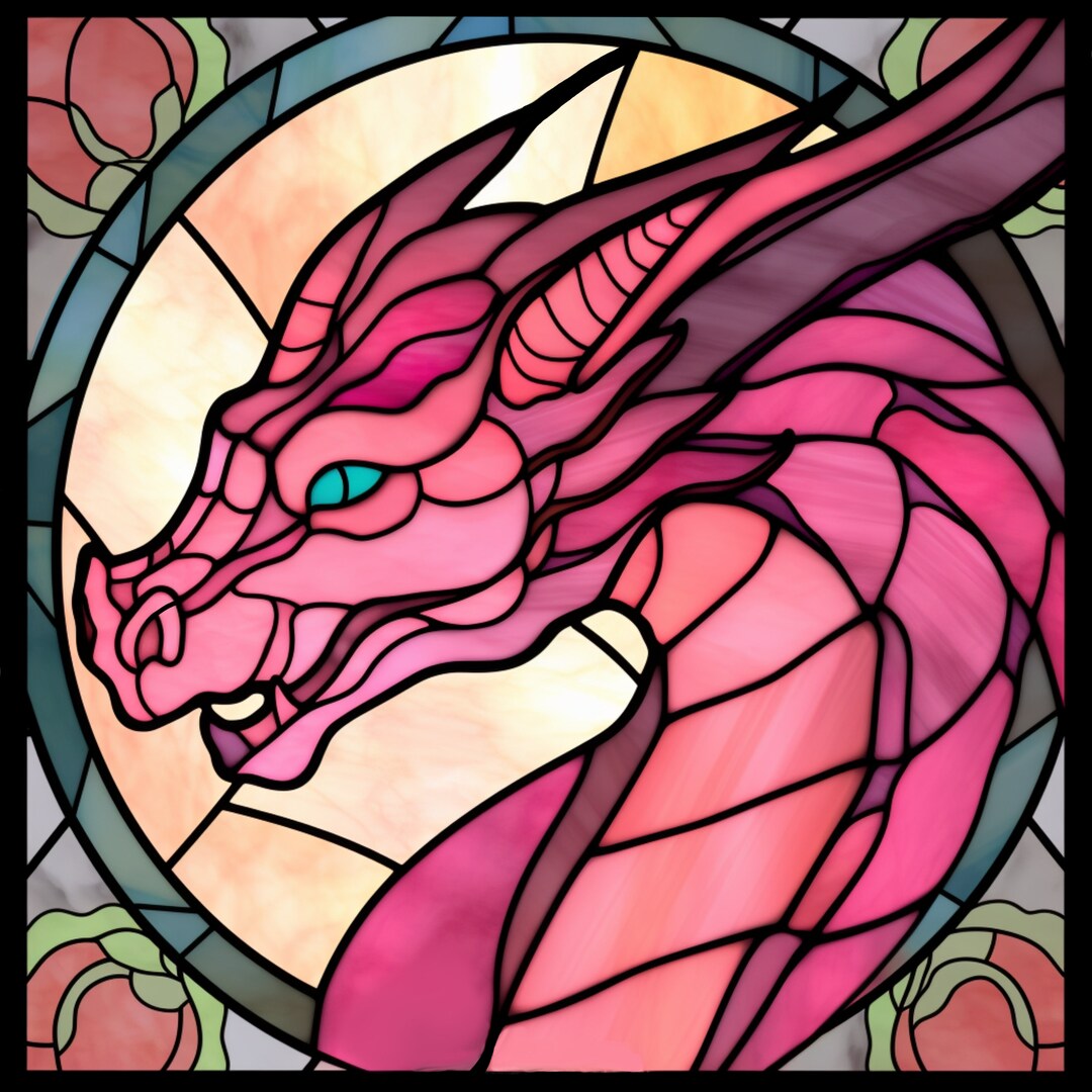 Modelo PDF e PNG de vitral de dragão de morango, projeto de vitral intermediário, padrão de ...