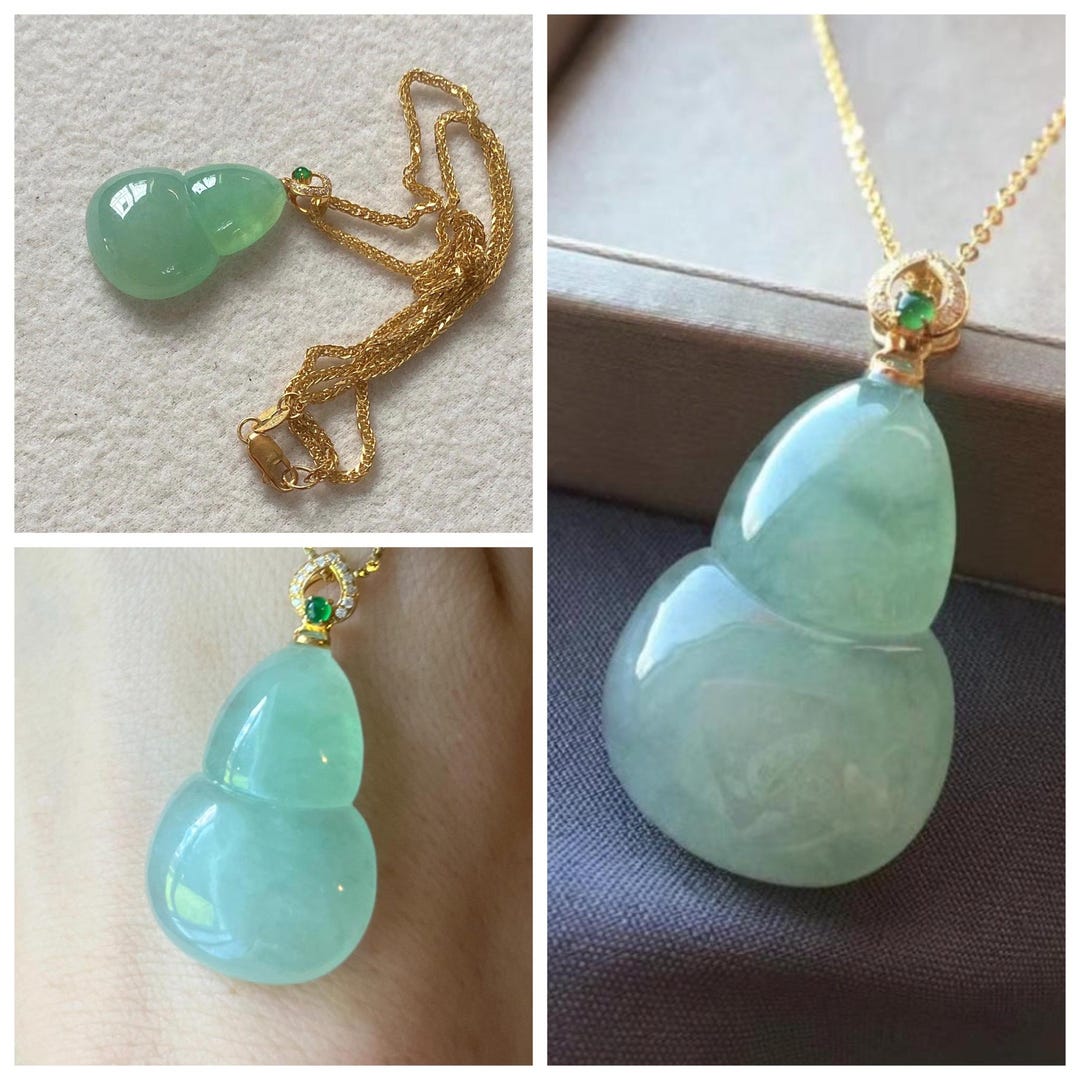 18k Solid Yellow Gold Old Pit Qing Shui Type A Icy Fruit Apple Green ...