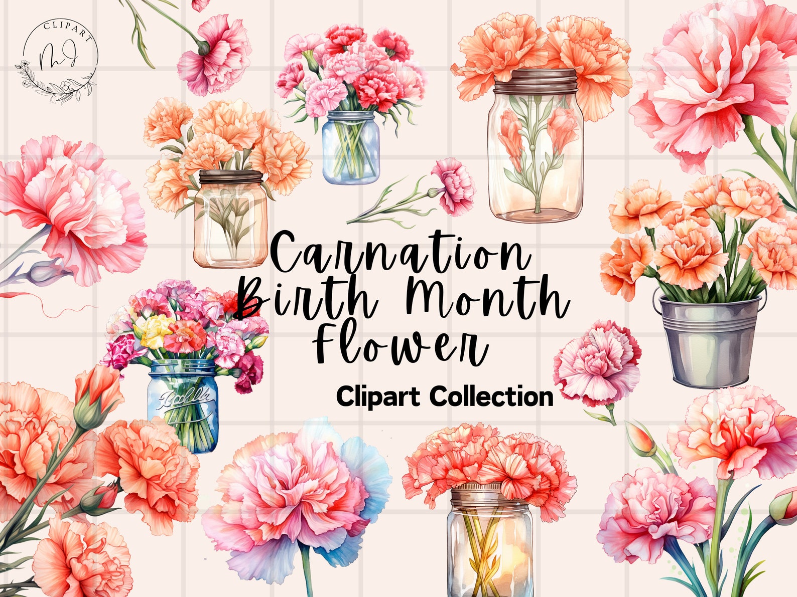 Watercolor Carnation Birth Month Flower Clipart|birth Flower Bouquet ...