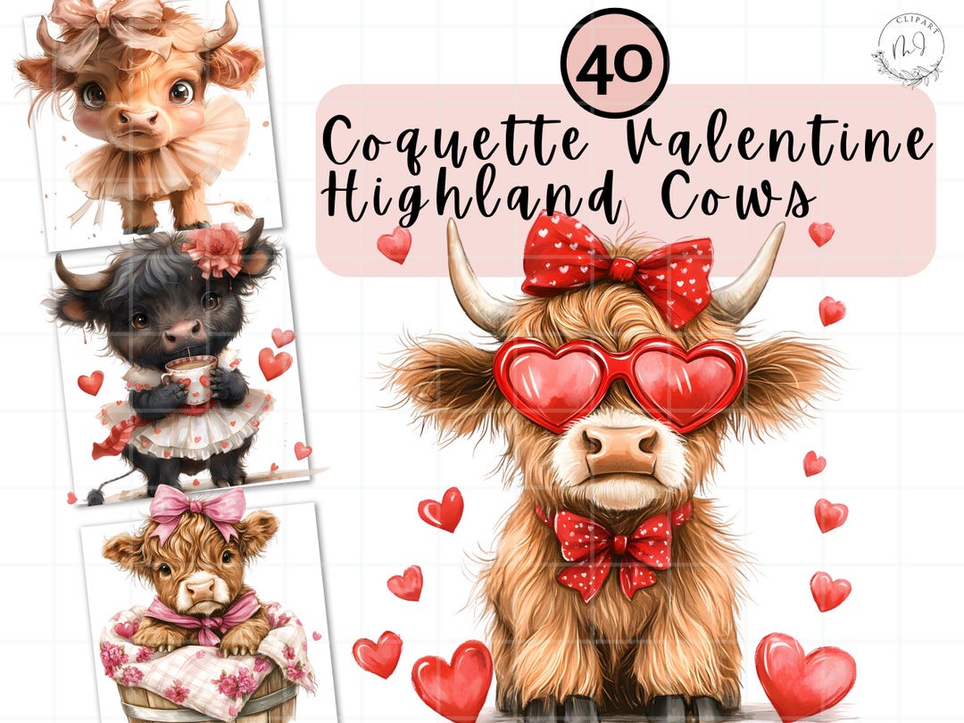 Coquette Valentine Highland Cow PNG, Watercolor Highlander Cow ...