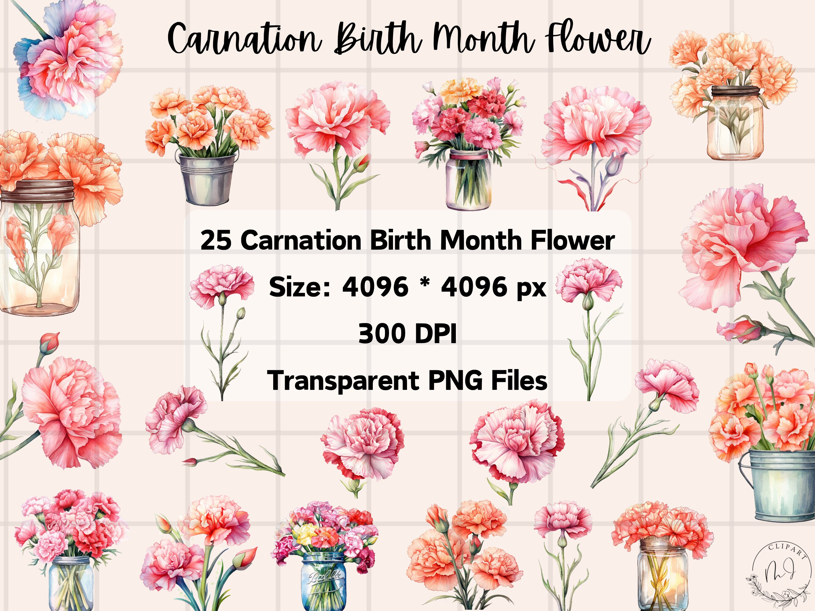 Watercolor Carnation Birth Month Flower Clipart|birth Flower Bouquet ...