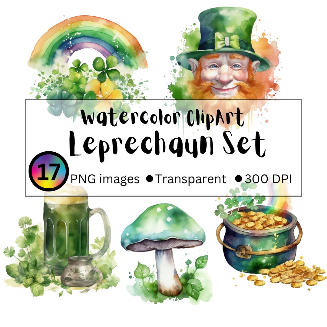 Watercolor Leprechaun Clipart, St. Patrick's Day, Clovers, Rainbow, Pot ...