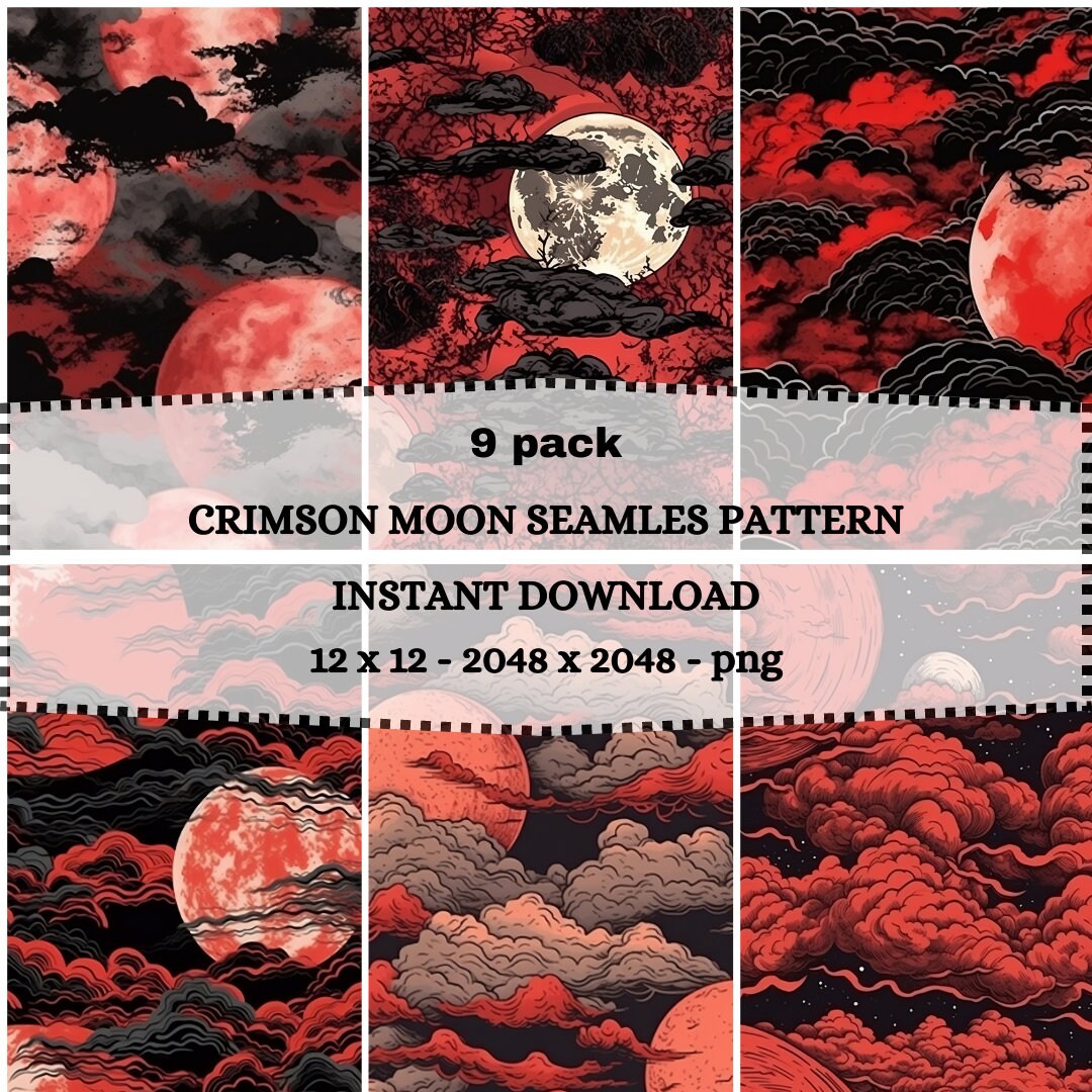 Digital Paper Crimson Red Moon Pattern Seamless Textures, Glitter ...