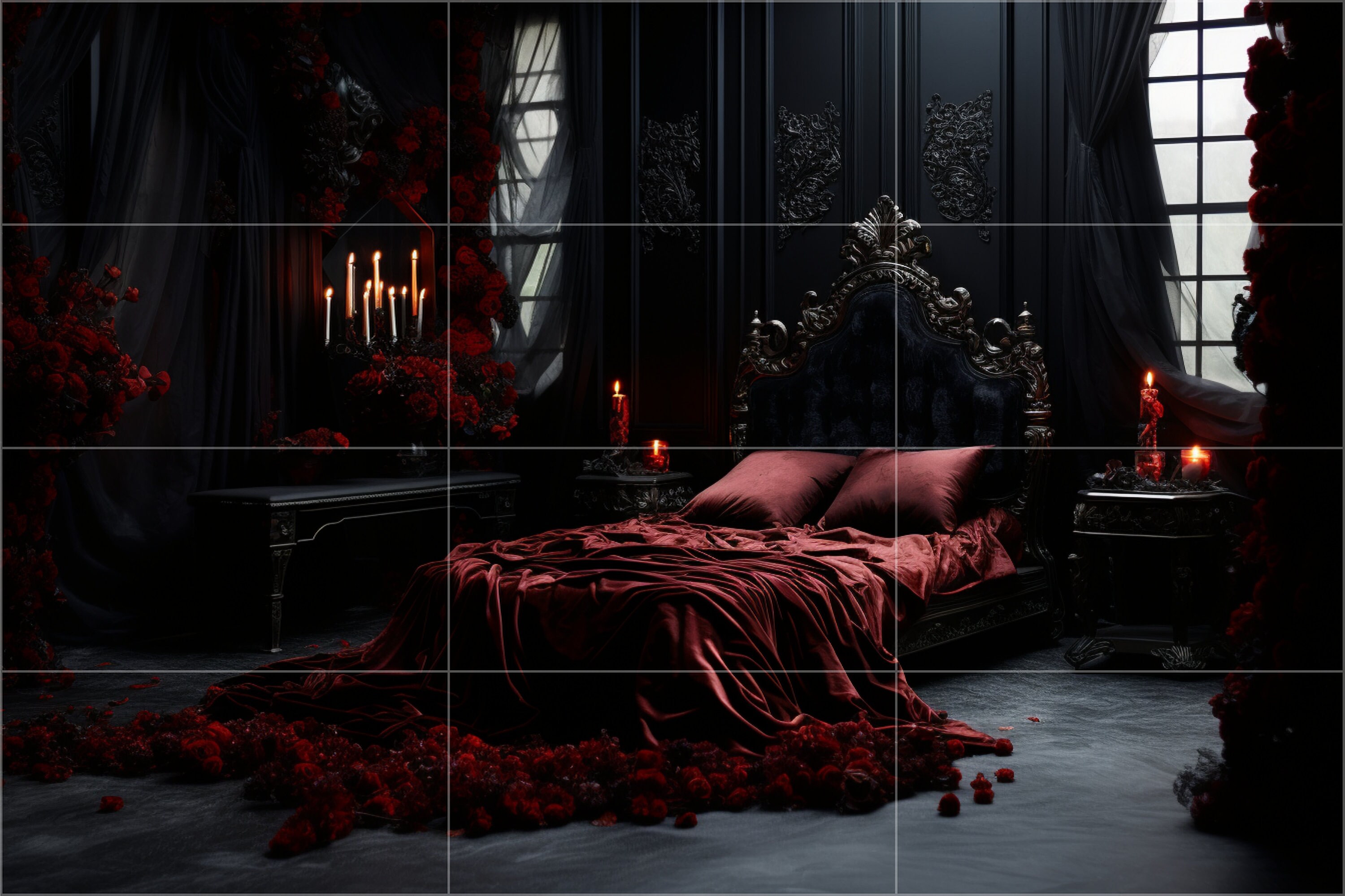 Gothic Bed Room Digital Backdrop, Digital Background, Black Red Bed ...