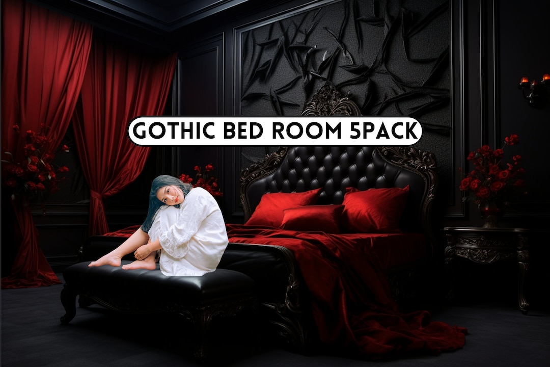 Gothic Bed Room Digital Backdrop, Digital Background, Black Red Bed ...