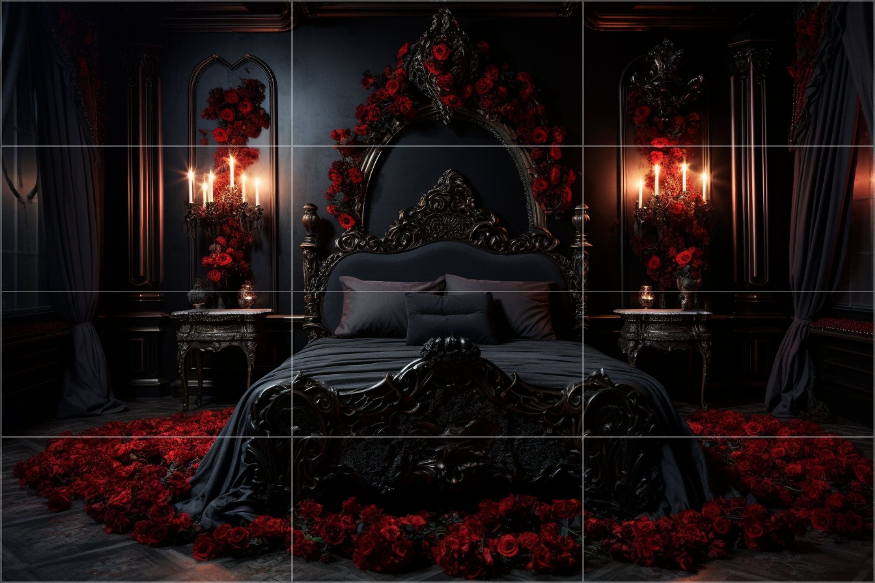Gothic Bed Room Digital Backdrop, Digital Background, Black Red Bed ...