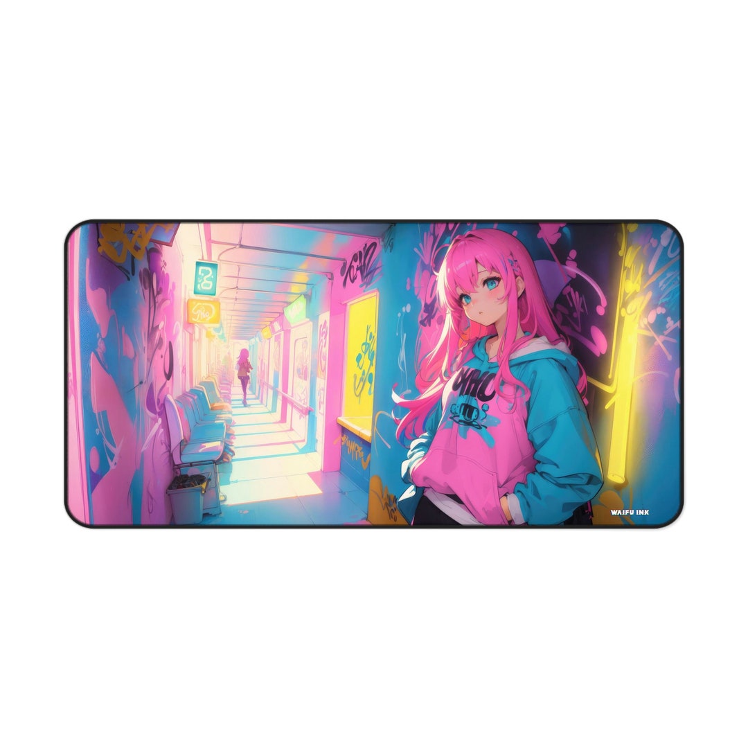 Pink Hair Girl Anime Waifu Desk Mat XL Pink Mousepad, Studio Aesthetic ...