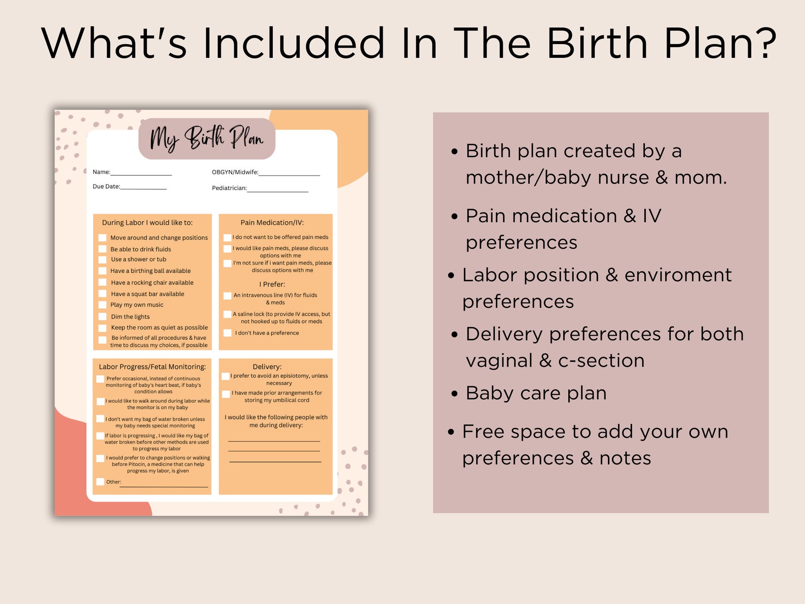 Editable Birth Plan Template, Printable Birthing Plan, Labor and ...
