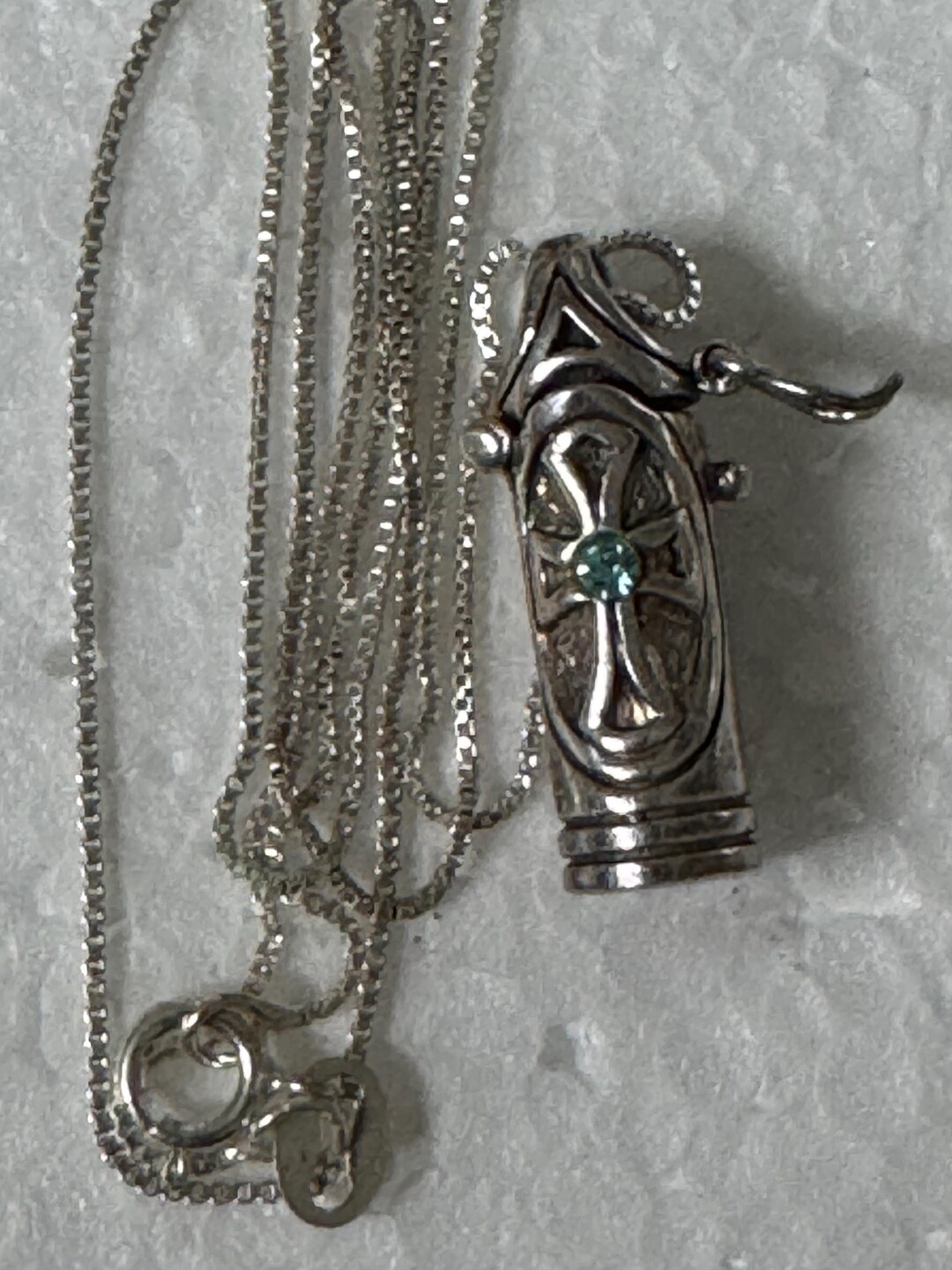 Sterling Silver Cross Vial Pendant With Blue Gemstone Prayer Box and ...