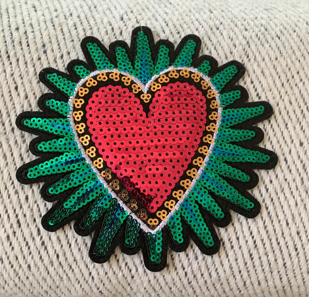 Heart Patch, Sequin Heart Iron on Patch, Embroidered, Sacred Heart ...