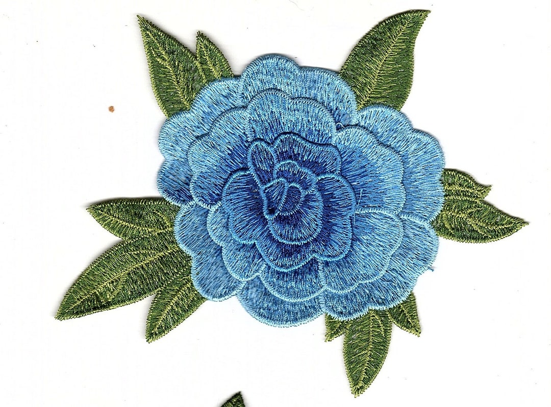 Flower Sew on Blue Floral Patch With Green Leaf's Iron on Floral ...