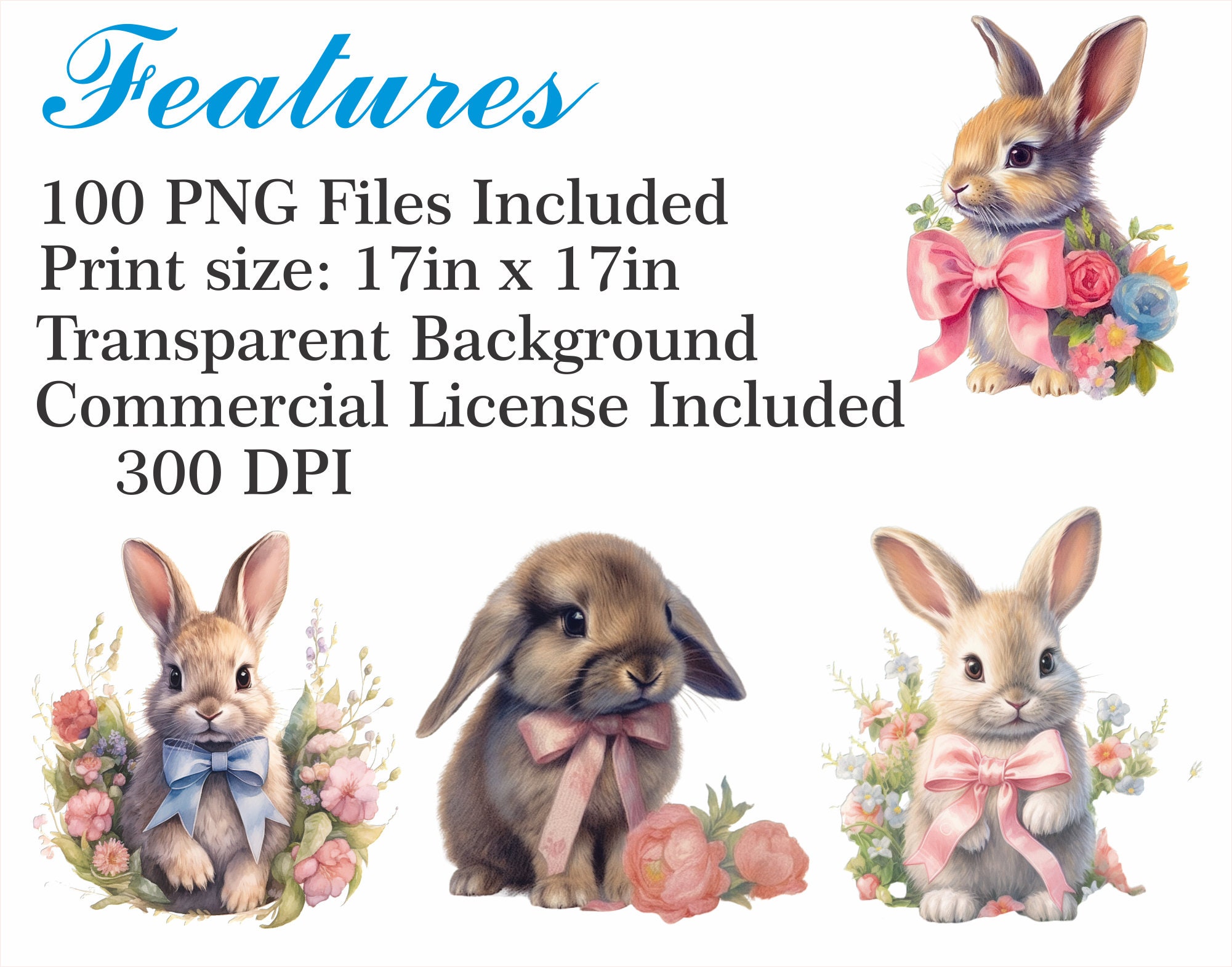 100 Bunnies With Flowers Clipart, Watercolor Bunnies, Watercolor ...