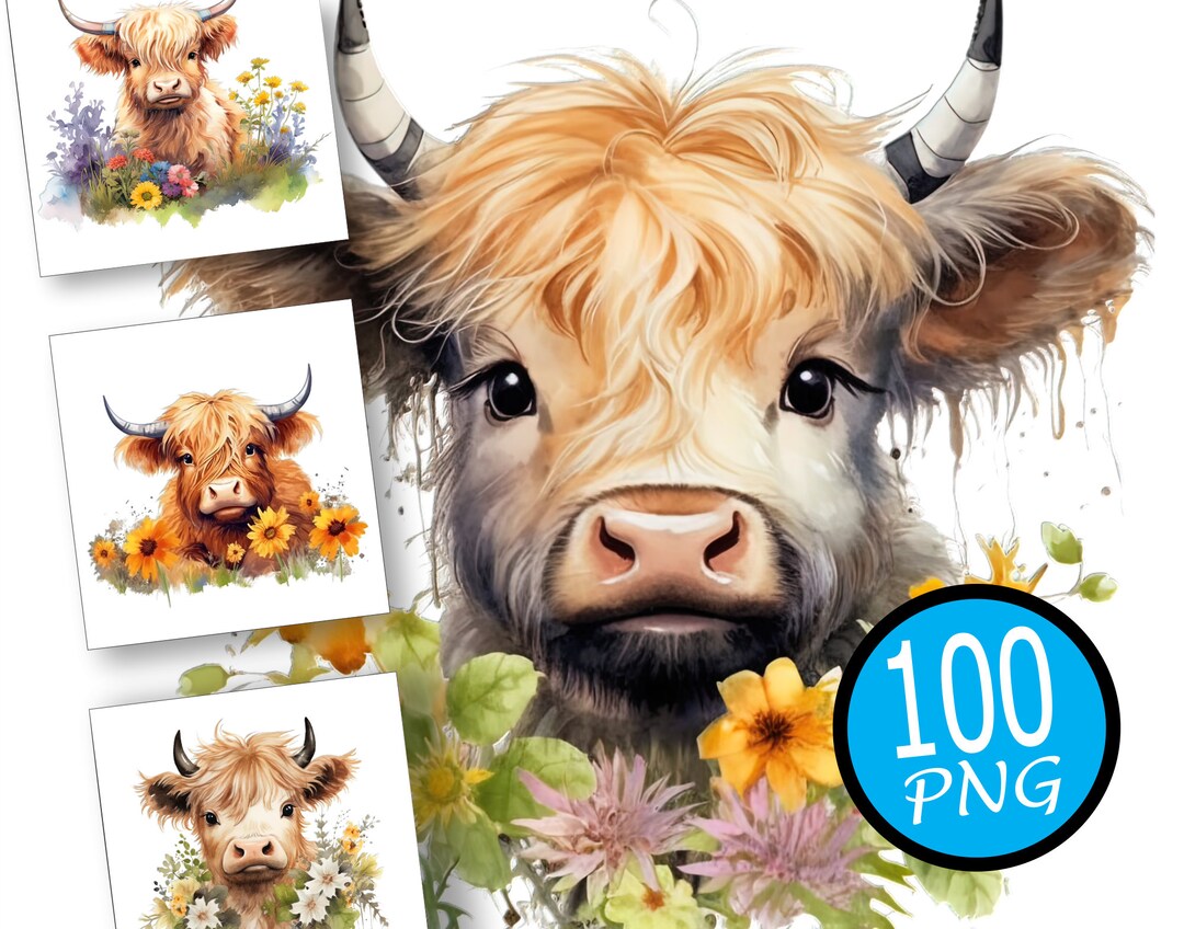 100 Highland Cow and Flowers, Junk Journals, Watercolor Highland Cow ...