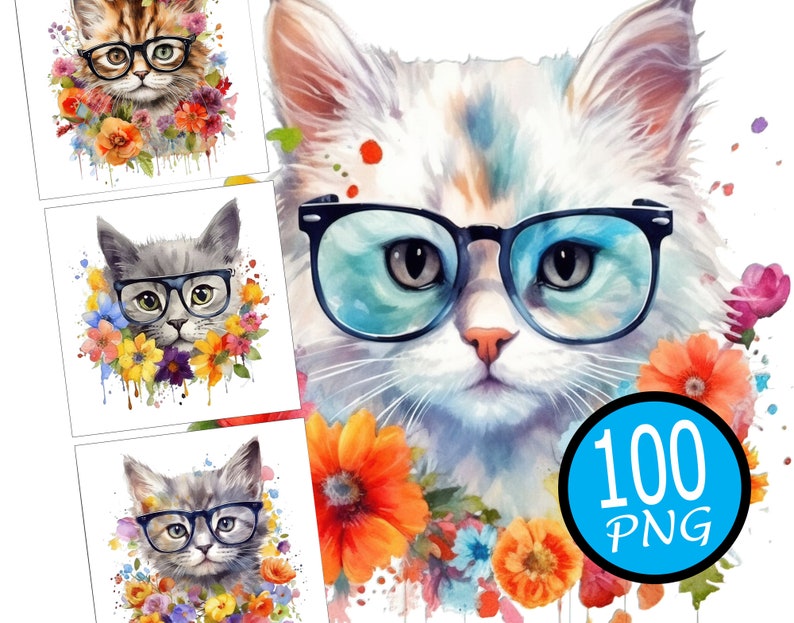 100 Kittens in Glasses Clipart, Watercolor Kittens Clipart, Cute Baby ...