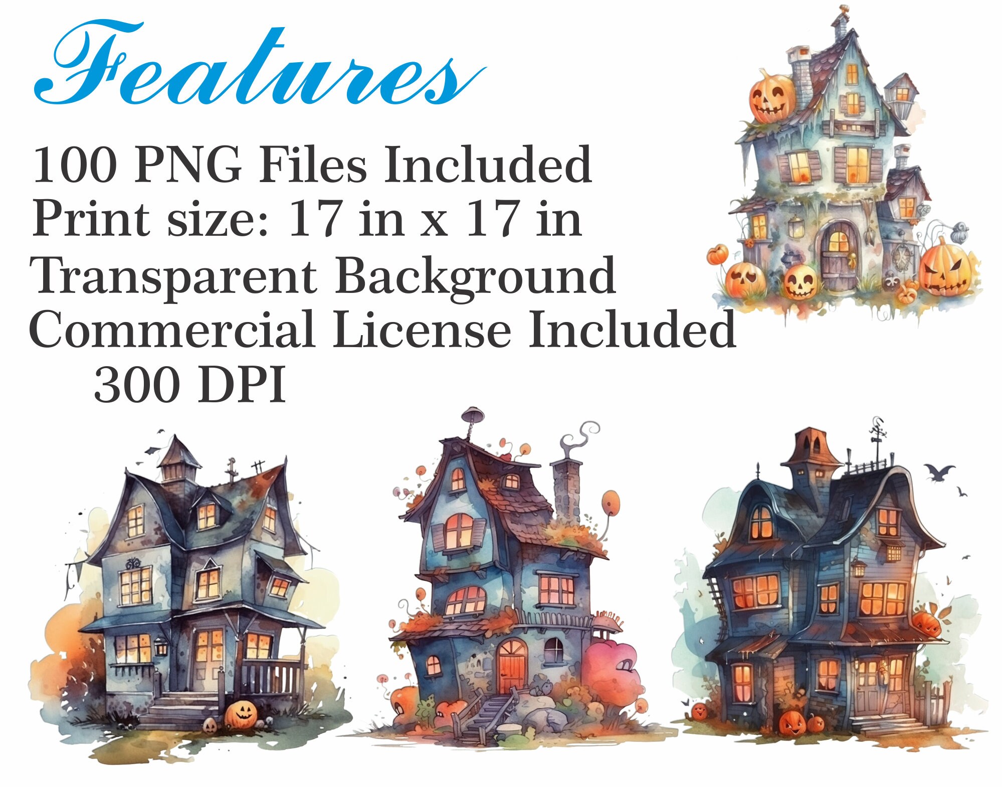 100 Haunted House Clipart, Watercolor Haunted House, Halloween Clipart ...