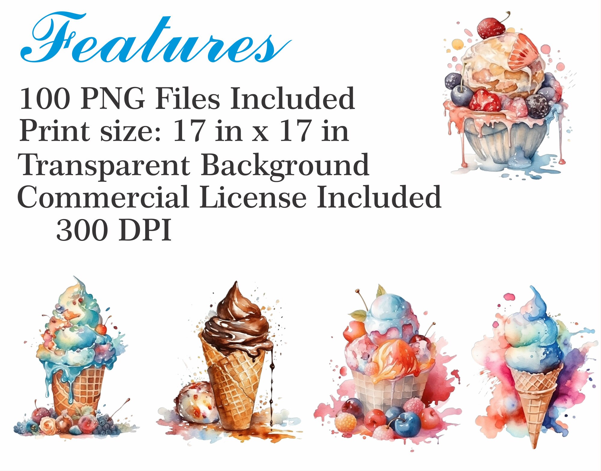 100 Ice Cream Watercolor Clipart, Cones and Sundaes, Ice Cream Art ...