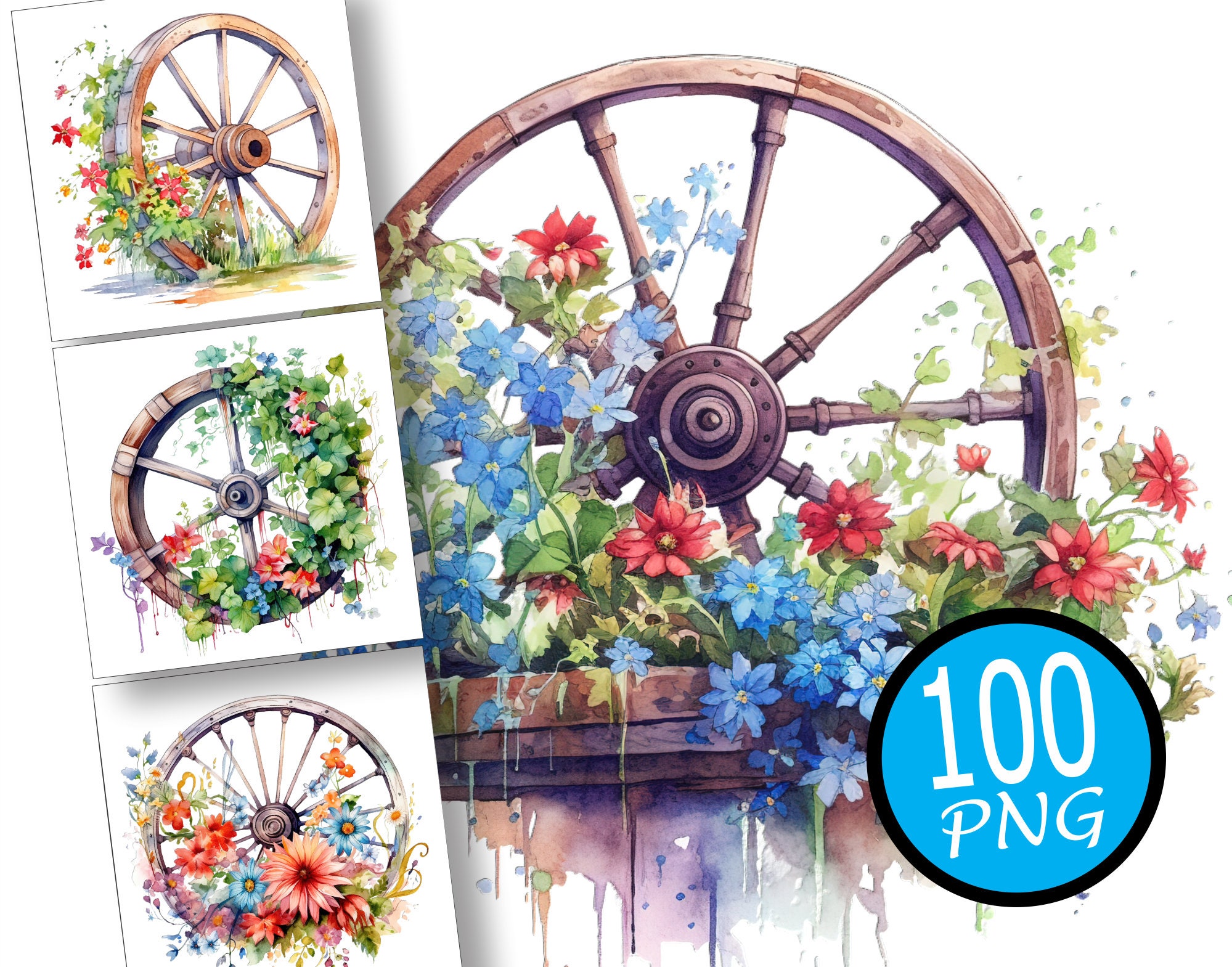 100 Watercolor Wooden Wheel Clipart, Wagon Wheel Clipart, Floral Wagon ...
