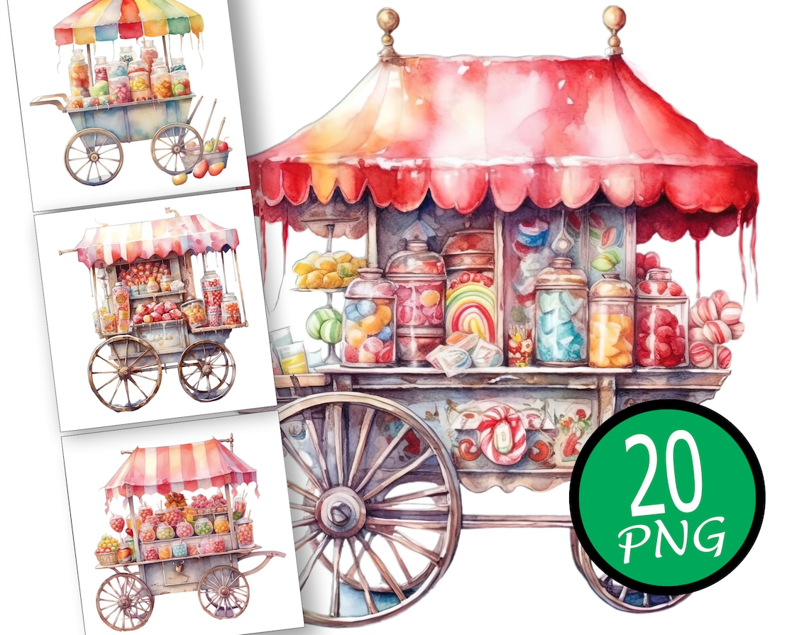 20 Watercolor Candy Cart Clipart Candy Clipart Illustration PNG Paper ...