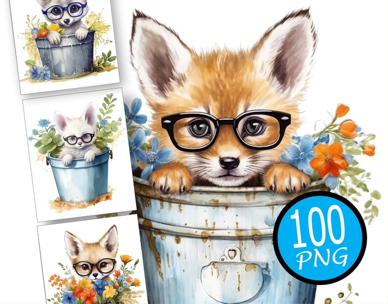 100 Fox in Glasses Clipart, Cute Fox, Watercolor Wildflowers ...