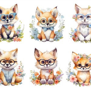 100 Baby Fox in Glasses Clipart Cute Fox Watercolor Wildflowers ...
