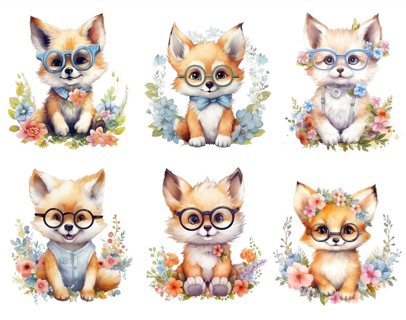 100 Baby Fox in Glasses Clipart Cute Fox Watercolor Wildflowers ...