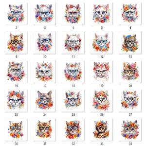 100 Kittens in Glasses Clipart, Watercolor Kittens Clipart, Cute Baby ...