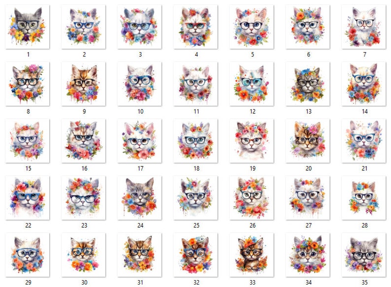 100 Kittens in Glasses Clipart, Watercolor Kittens Clipart, Cute Baby ...