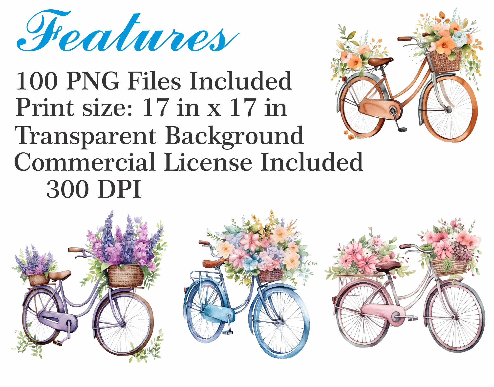 100 Vintage Bike With Flowers Clip Art, Bike Clipart, Bicycles Clipart ...