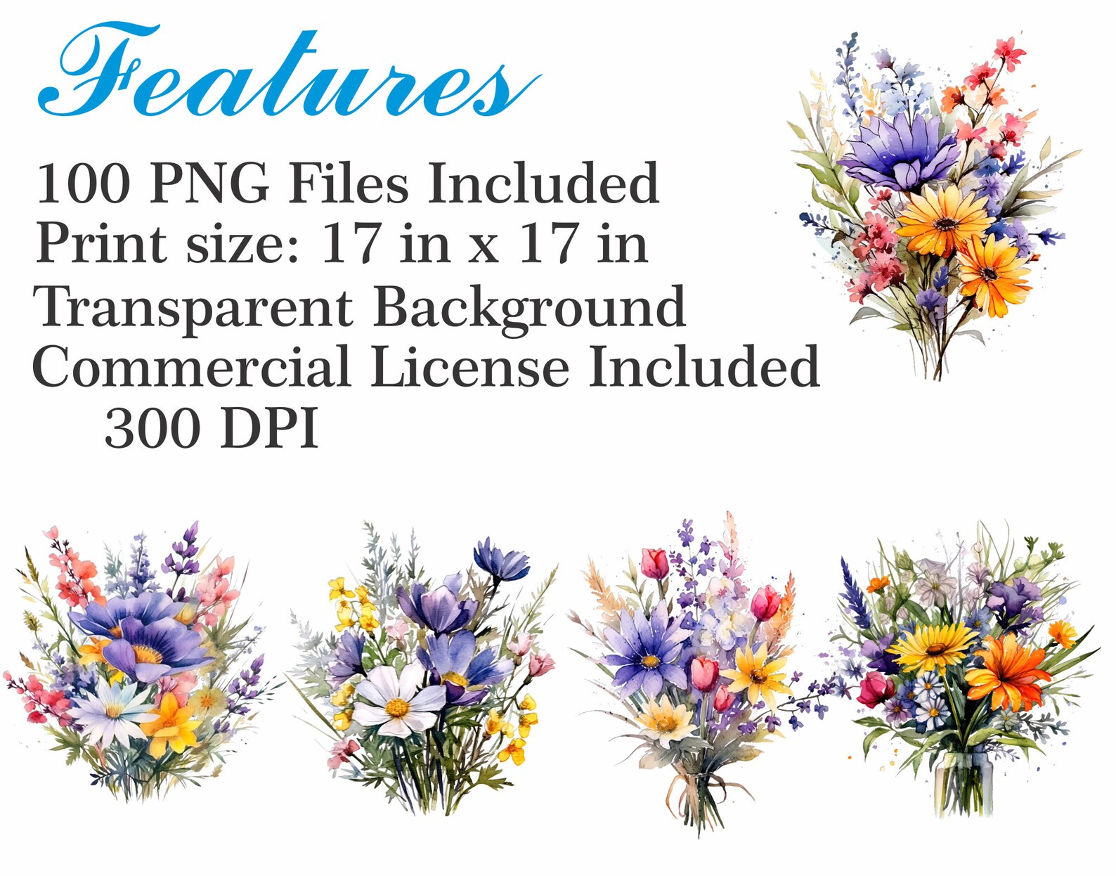 100 Bouquet of Wildflowers, Watercolor Clipart, Floral Clipart, Flowers ...