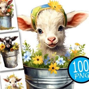 100 Baby Goat in Bucket Clipart, Watercolor Goats Clipart, Junk ...