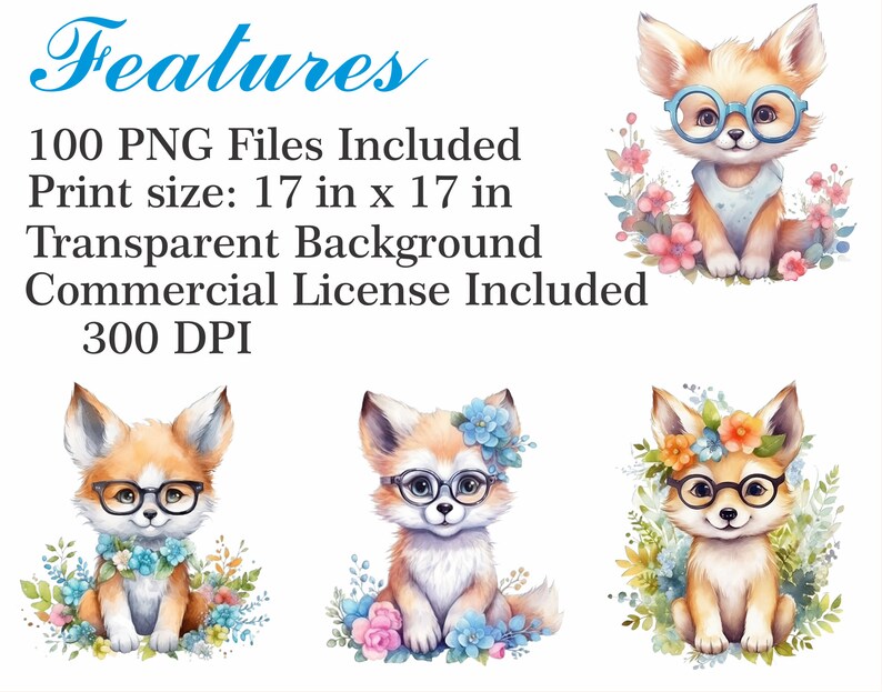 100 Baby Fox in Glasses Clipart Cute Fox Watercolor Wildflowers ...