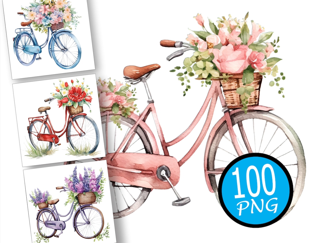 100 Vintage Bike With Flowers Clip Art, Bike Clipart, Bicycles Clipart ...
