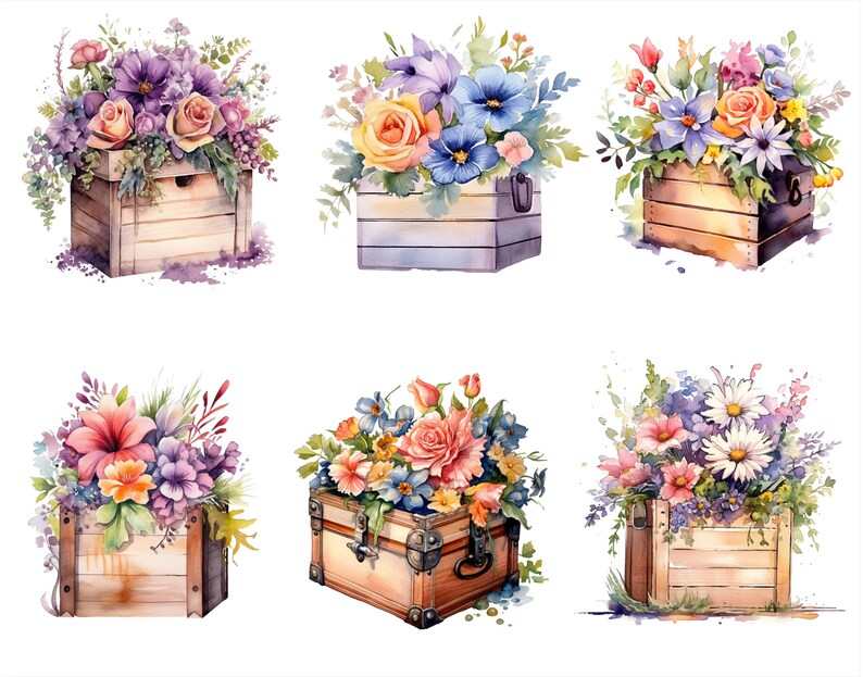 100 Flowers in Box Clipart, Watercolor Flowers Clipart, Floral Clipart ...