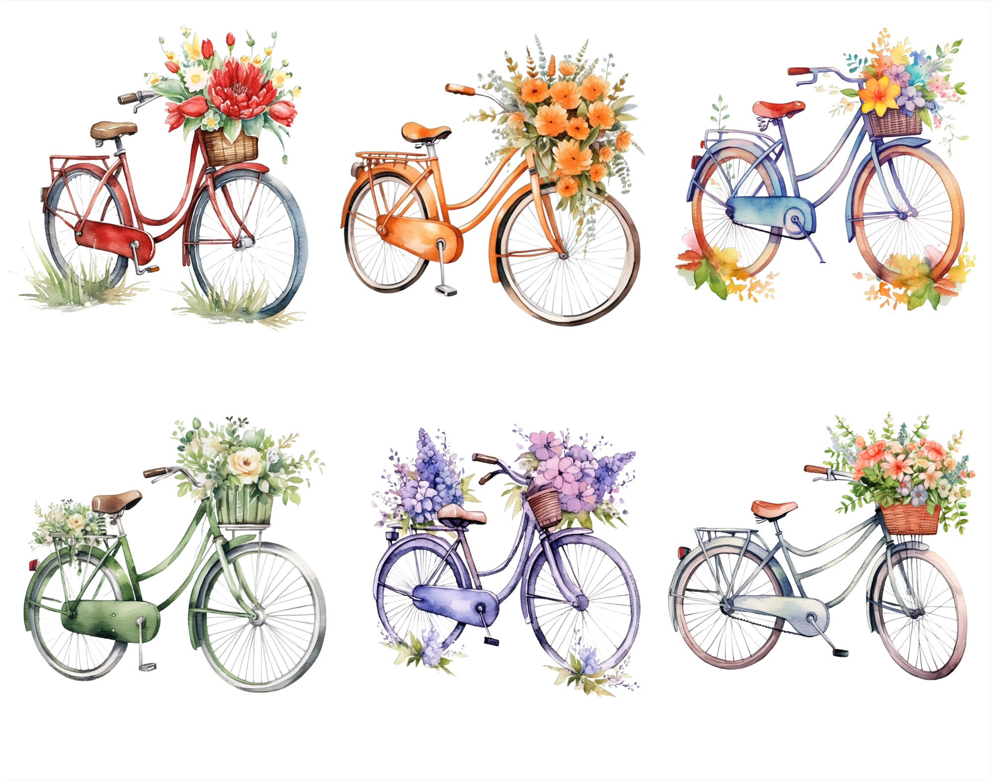 100 Vintage Bike With Flowers Clip Art, Bike Clipart, Bicycles Clipart ...