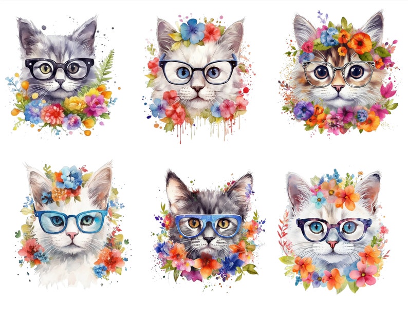 100 Kittens in Glasses Clipart, Watercolor Kittens Clipart, Cute Baby ...
