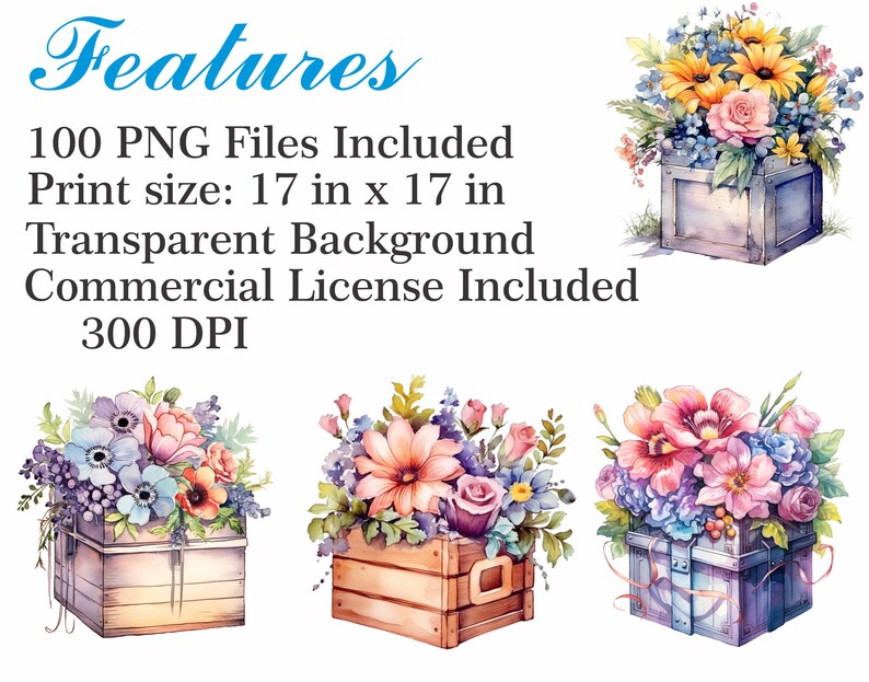 100 Flowers in Box Clipart, Watercolor Flowers Clipart, Floral Clipart ...