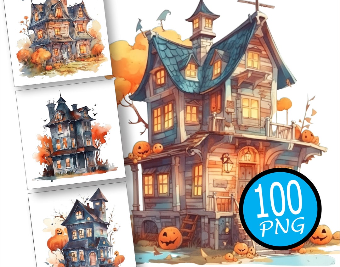 100 Haunted House Clipart, Watercolor Haunted House, Halloween Clipart ...