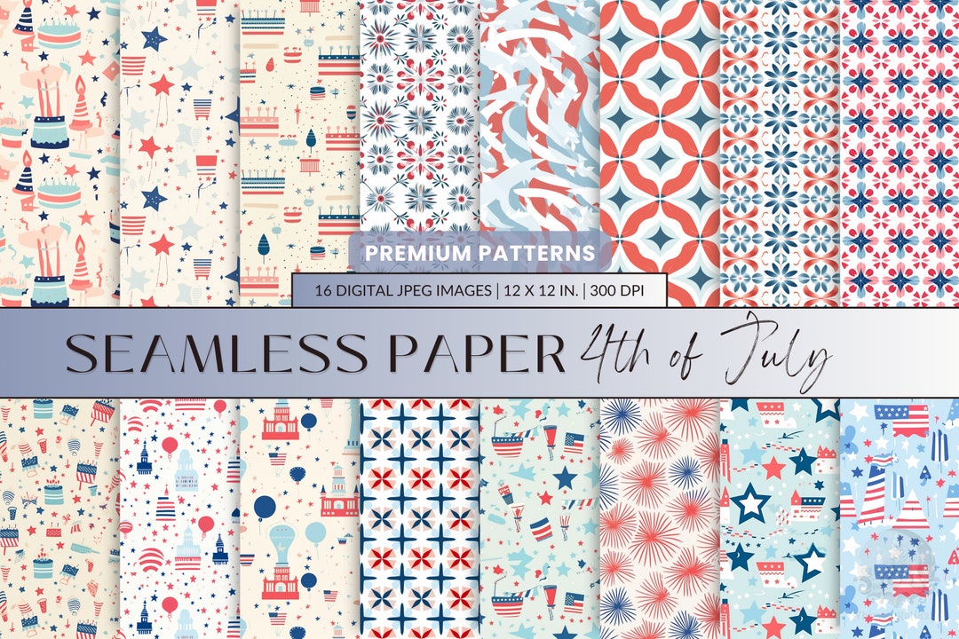 4th of July Digital Paper Pack - Whimsical Patriotic Seamless Patterns ...