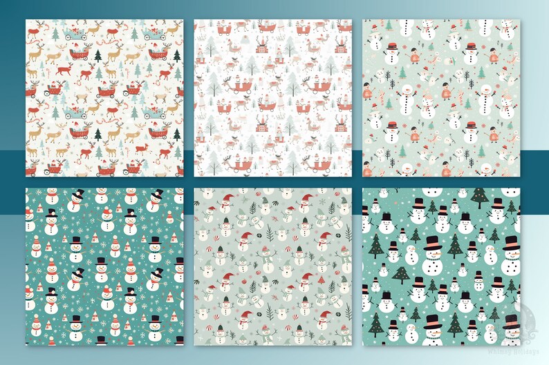 Snowmen & Reindeer Digital Paper Pack - Whimsical Christmas Seamless ...