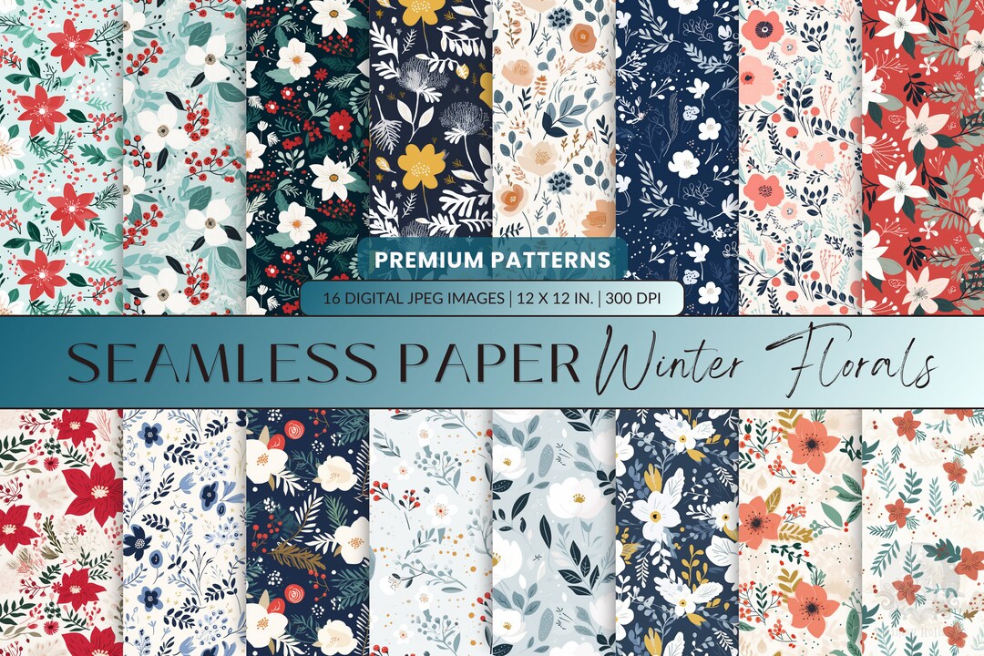Whimsical Winter Floral Digital Paper Pack - Seamless 12x12, High-res ...