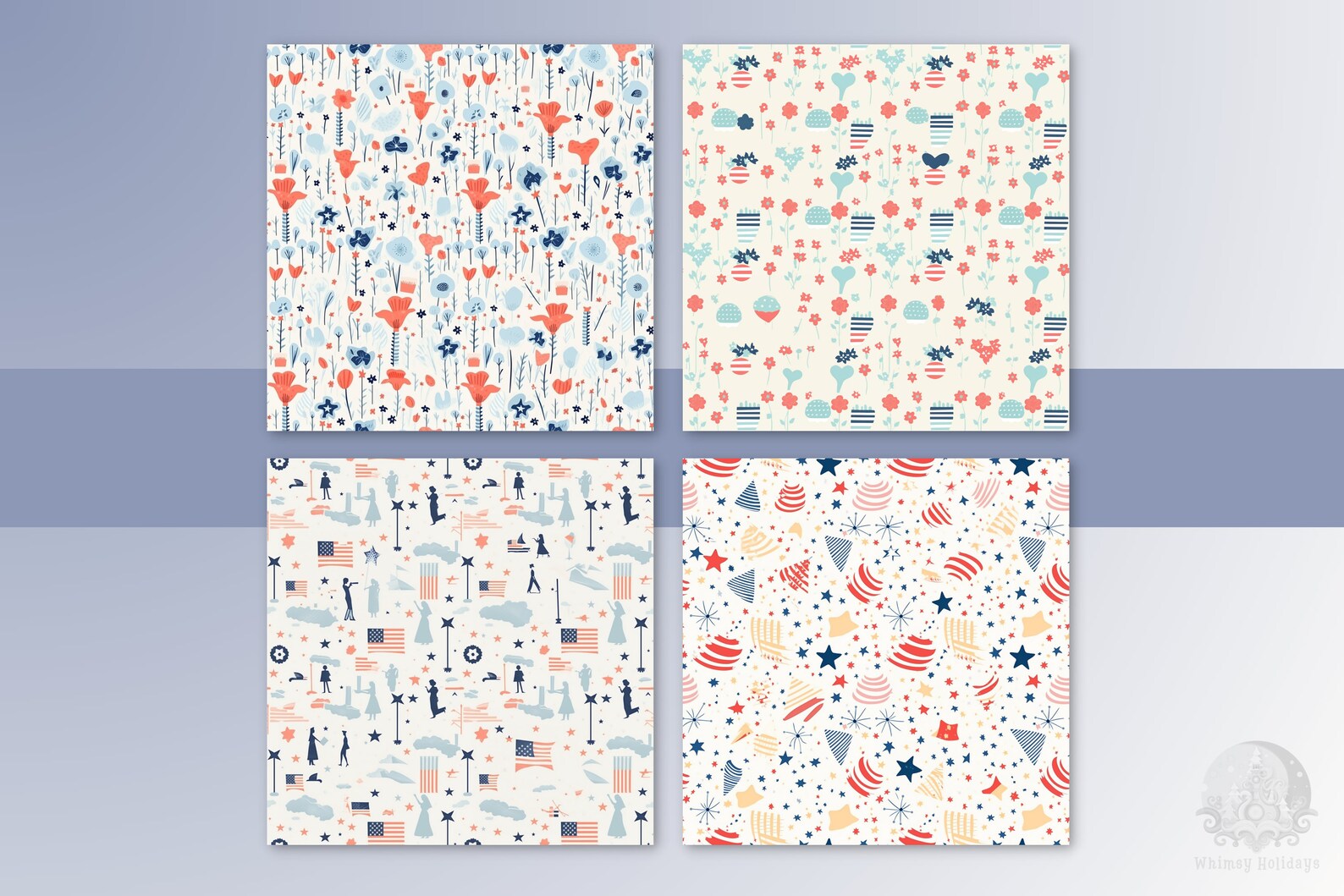 Patriotic Memorial Day Digital Paper Set, Whimsical 12x12 Patterns ...