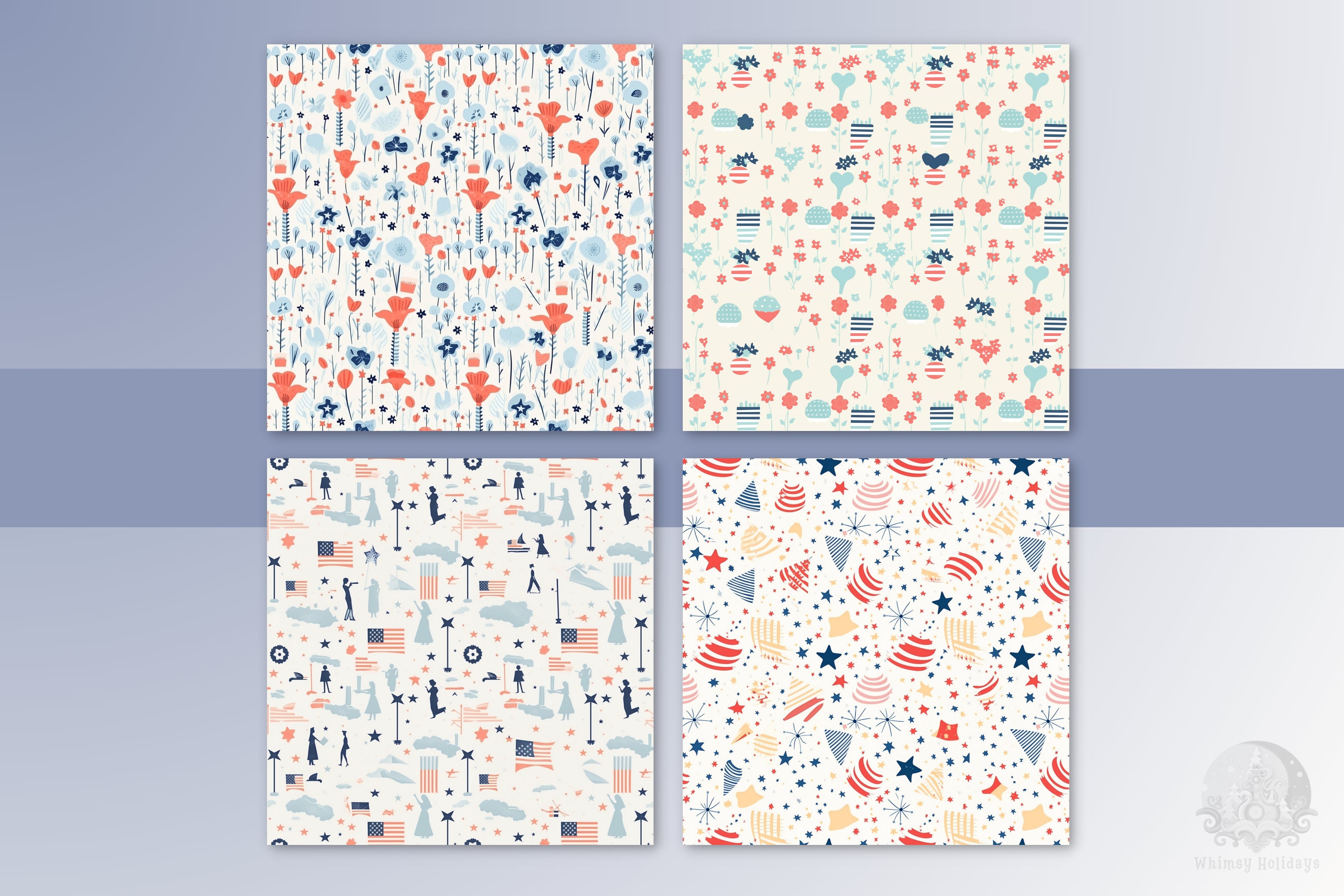 Patriotic Memorial Day Digital Paper Set, Whimsical 12x12 Patterns ...