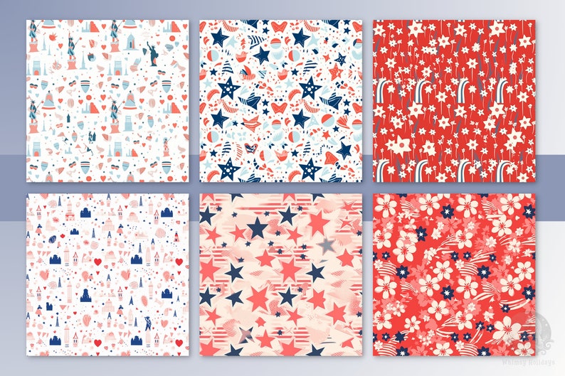 Patriotic Memorial Day Digital Paper Set, Whimsical 12x12 Patterns ...